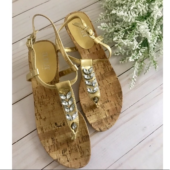a.n.a | Shoes | Ana Corkscrew Gold Jeweled Wedge Sandals | Poshmark